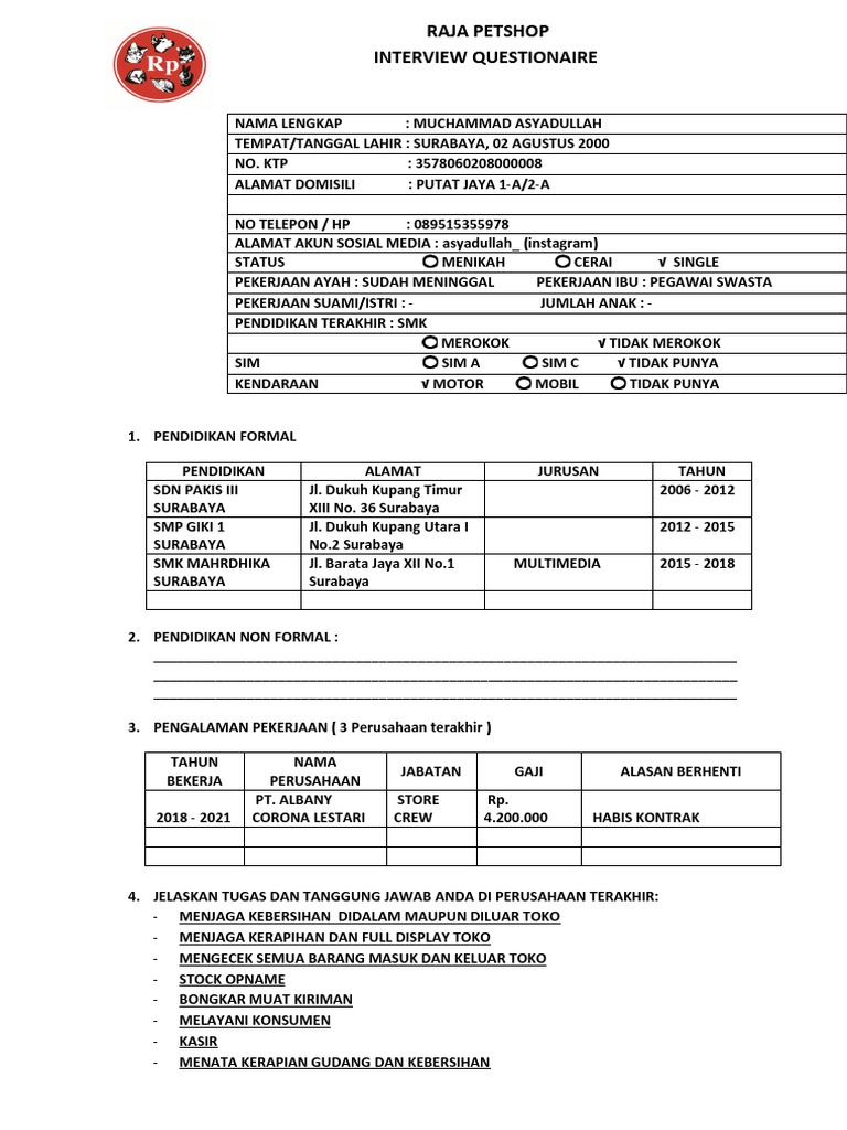 Form Seleksi Karyawan PT Rajapet | PDF