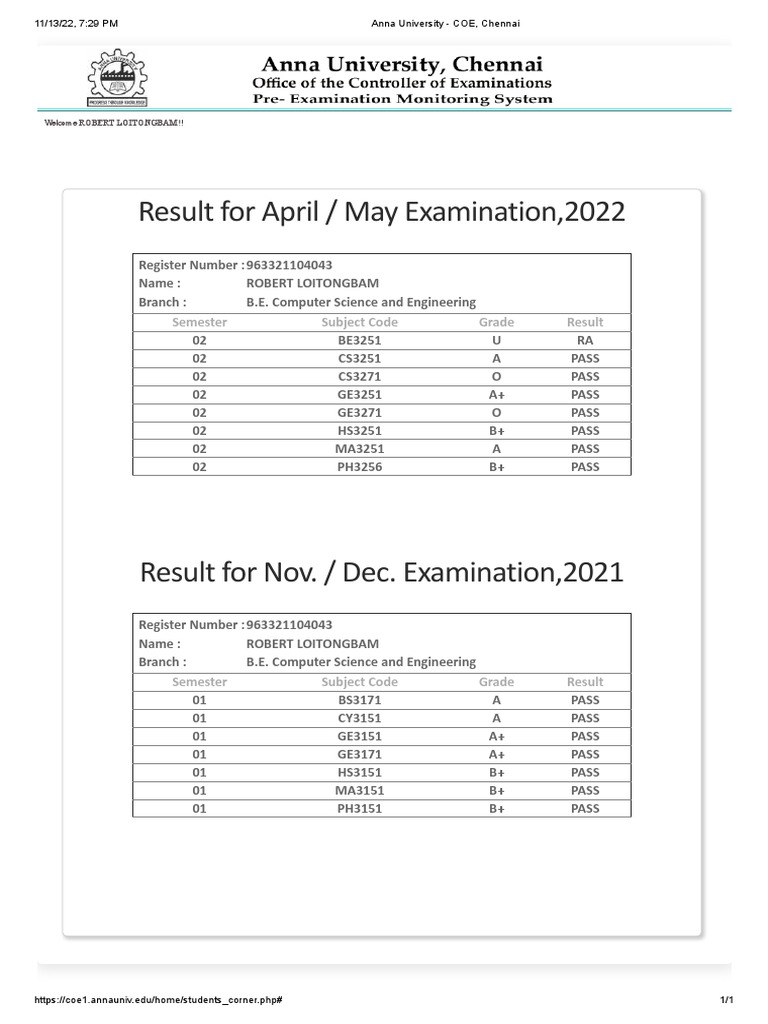Anna University COE Results for Robert | PDF | Information Age ...