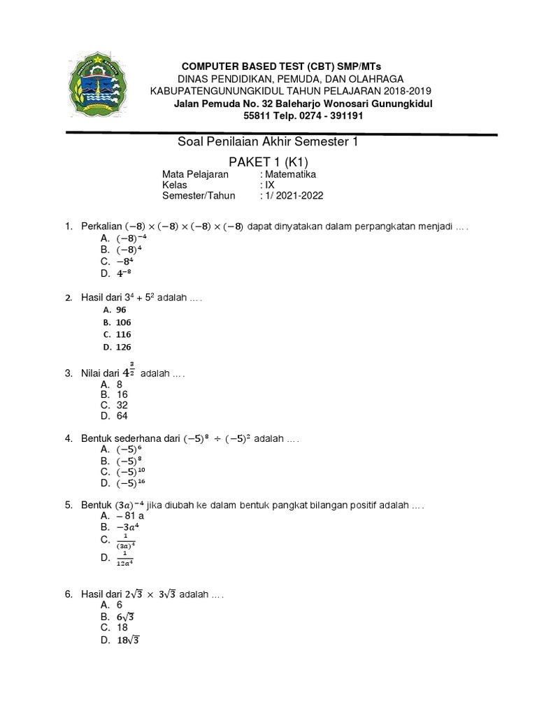 SOAL PAS 1 MATEMATIKA Kelas 9 | PDF