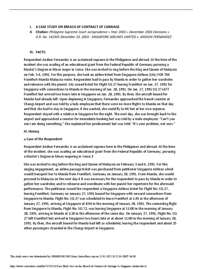 Case Brief Case On The Breach of Contract of Carriage vs. Singapore Airlines | PDF | Damages ...