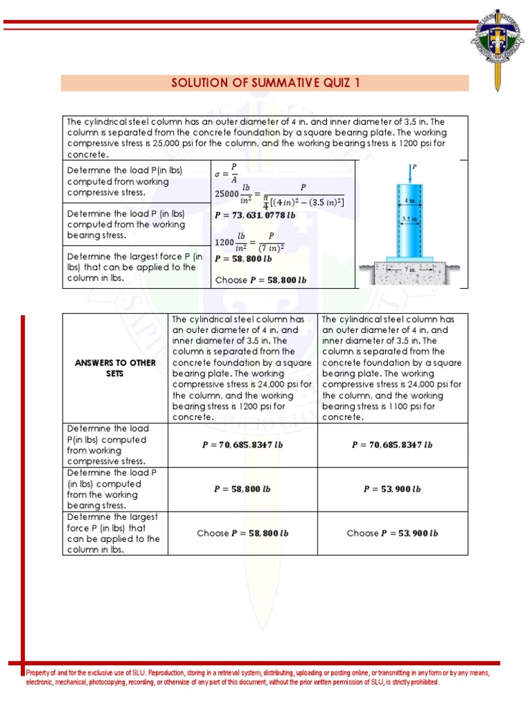 Summative Quiz 1 Solutions and Bolt Diameter | PDF | Stress (Mechanics) | Column
