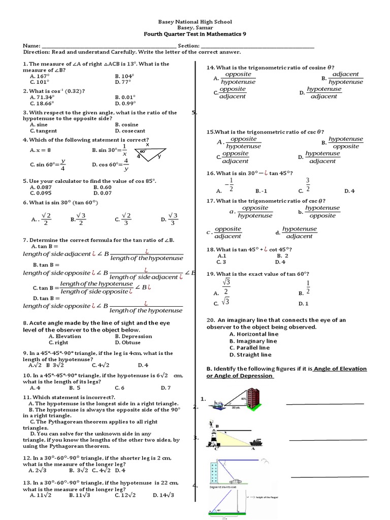 4th Quarter Test in G9 22 | PDF | Trigonometric Functions | Triangle