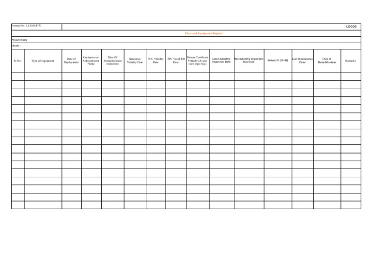 Plant & Equipment Register | PDF