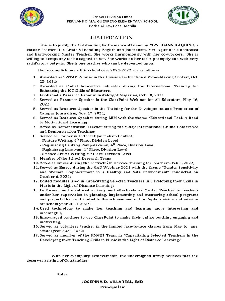 Justification For Outstanding Rpms 2021 2022 Aquino | PDF | Teachers | Behavior Modification