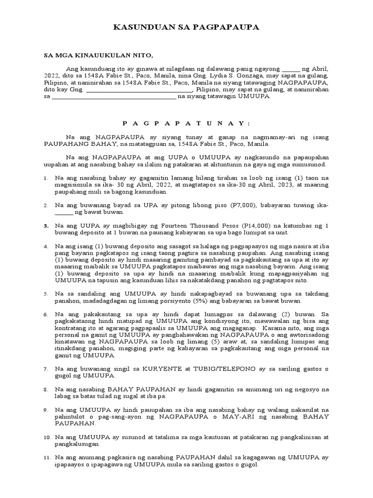 Kasunduan Sa Paupahan | PDF