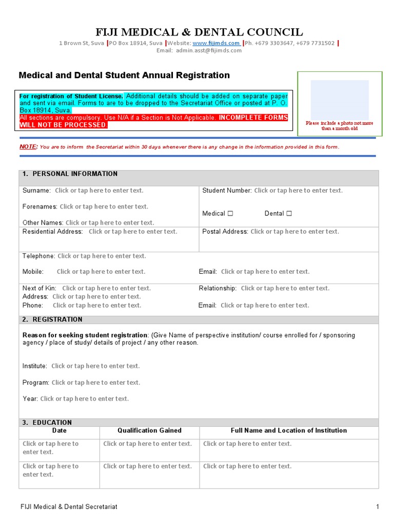 Registration Form for Medical and Dental Students Seeking Annual ...