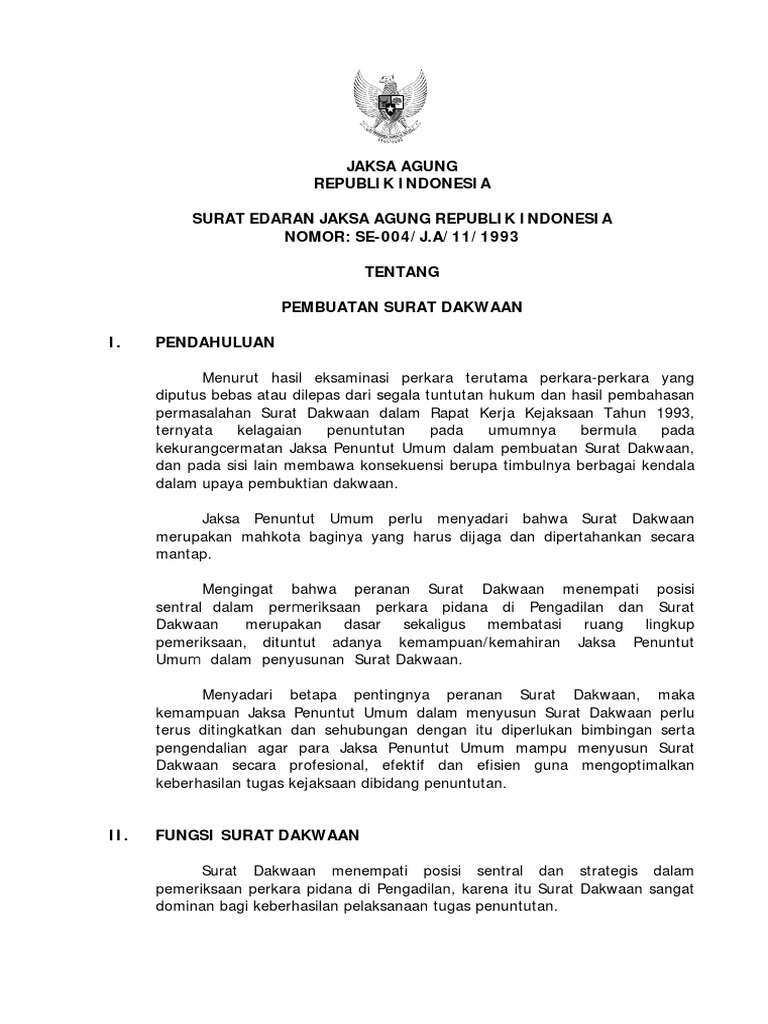 Surat Edaran Jaksa Agung Ri Nomor Se-004j.a111993 Tentang Surat Dakwaan | PDF | Hukum