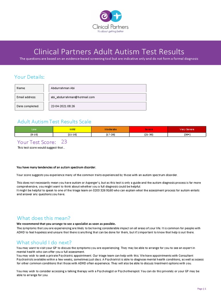 Test Results Clinical Partners | PDF | Autism | Mental Disorder