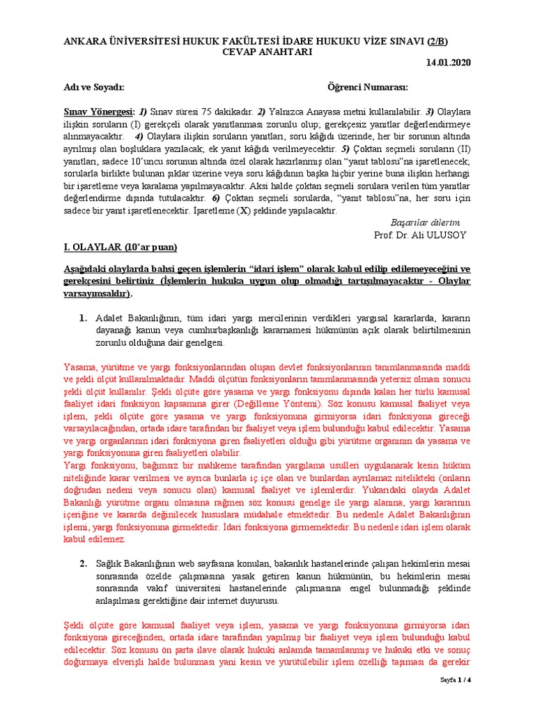 İdare Hukuku Vize Sınavı Cevap Anahtarı | PDF