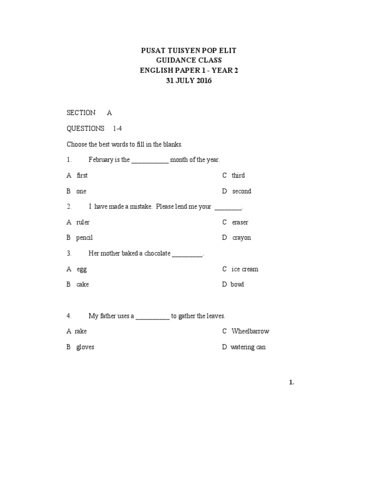 English Year 2 Paper 1 Guidance Class | PDF
