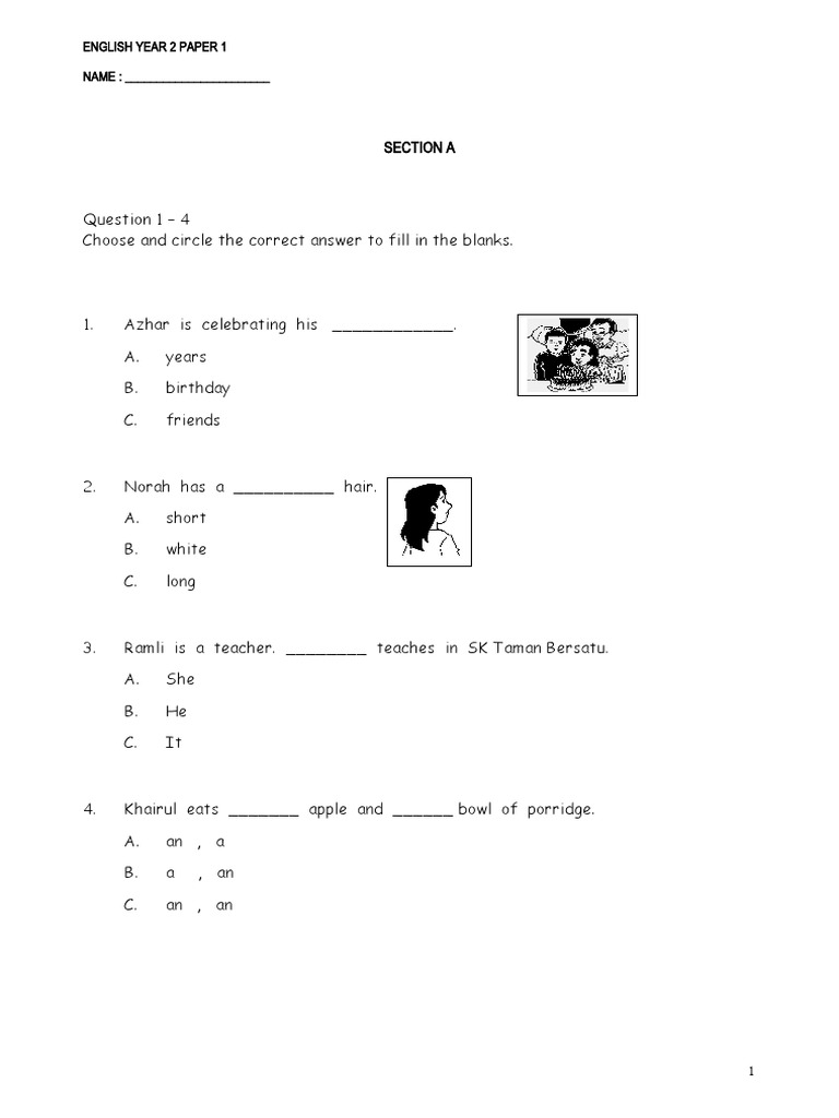 Year 2 English Test Paper 1 | PDF
