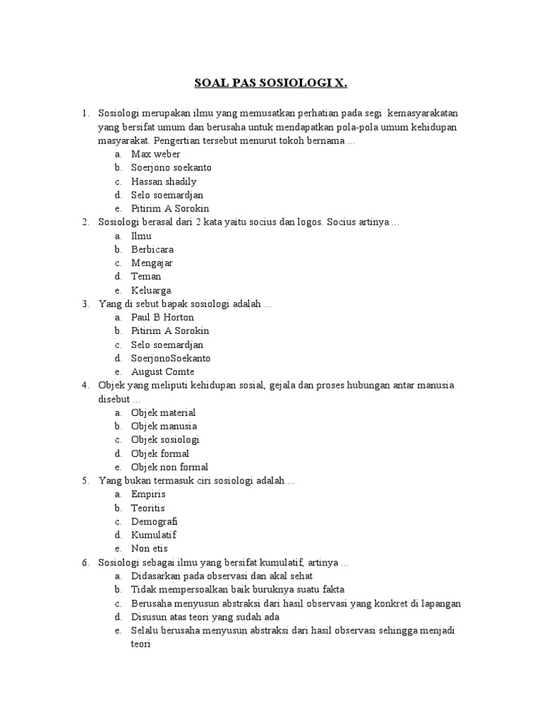 Soal Pas Sosiologi Kelas X | PDF | Ilmu Sosial