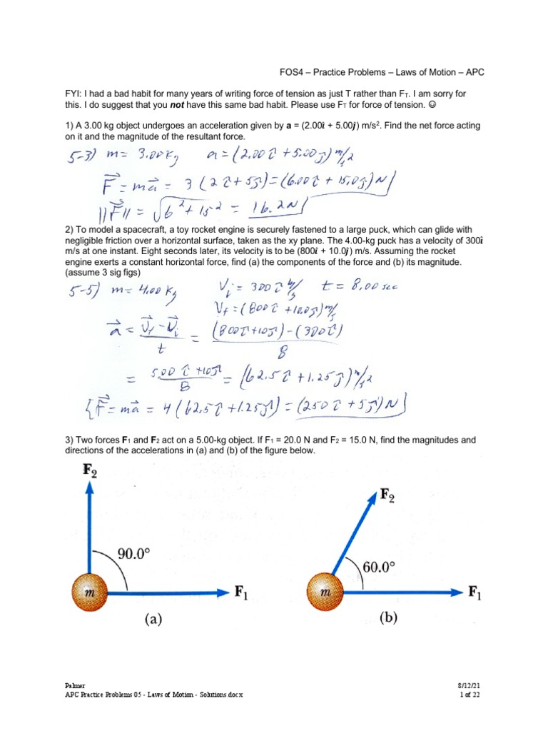 Apc Practice Problems 05 - Laws of Motion - Solutions | PDF | Force | Tension (Physics)