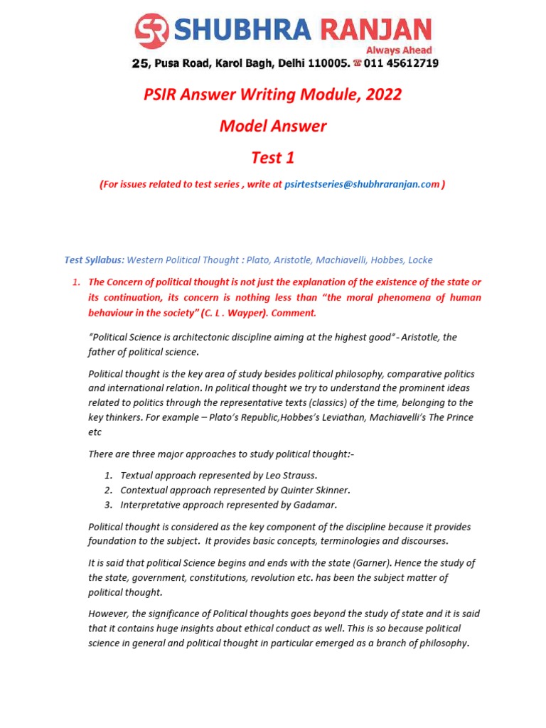 Subhra Ranjan PSIR 2022 Test 1 | PDF | Political Philosophy | Plato