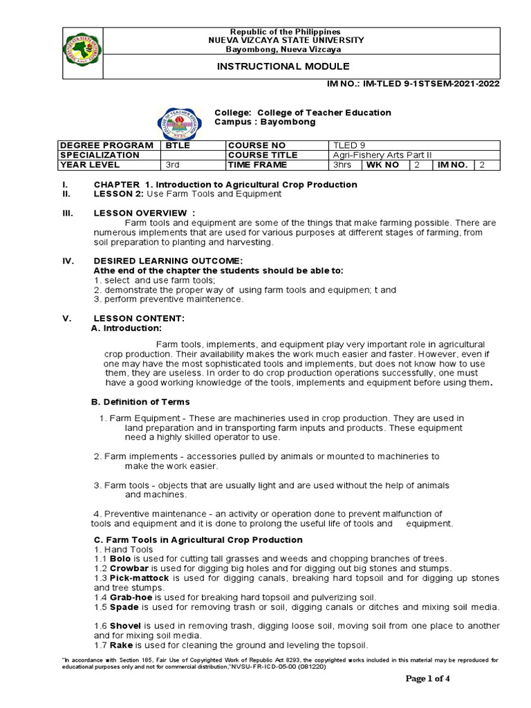 Chapter 1.L 2 Use of Farm Tools and Equipment | PDF | Plough | Tillage