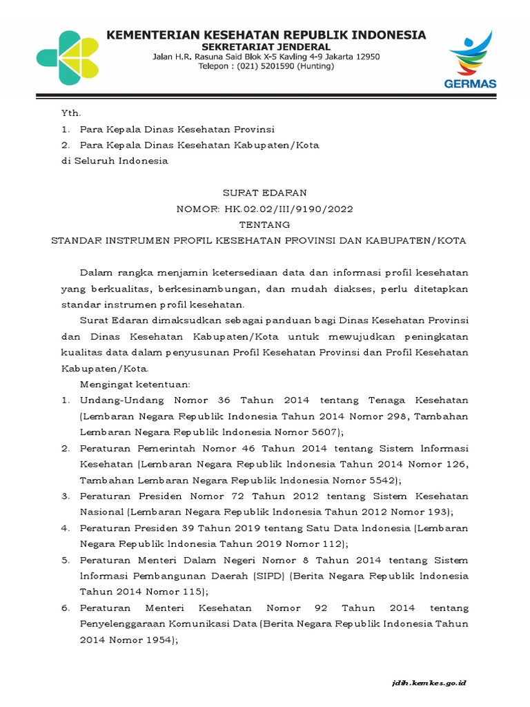 SE No HK 02 02 III 9190 2022 TTG Standar Instrumen Profil Kesehatan | PDF