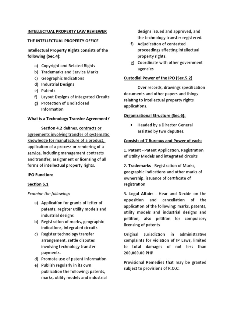 Intellectual Property Law Reviewer | PDF | Patent | Glossary Of Patent Law Terms