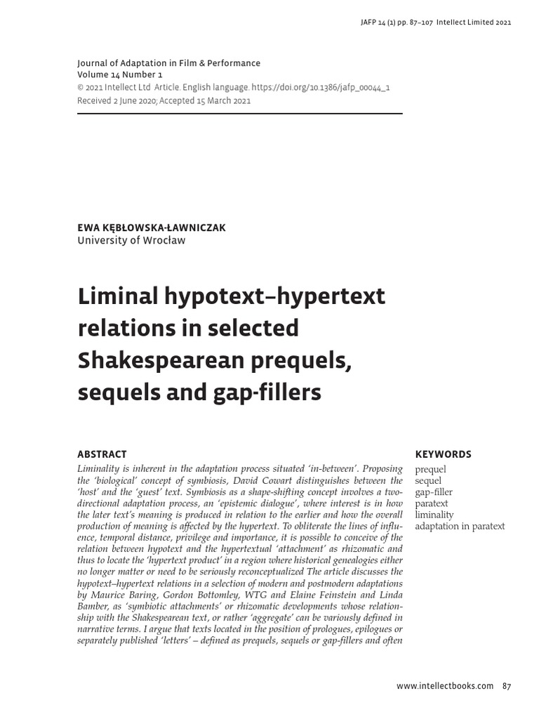 Liminal Hypotext-Hypertext Relations in Selected Shakespearean Prequels ...