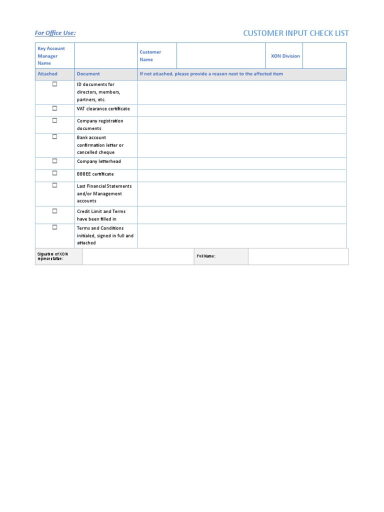 Customer Input Checklist for XON Division | PDF