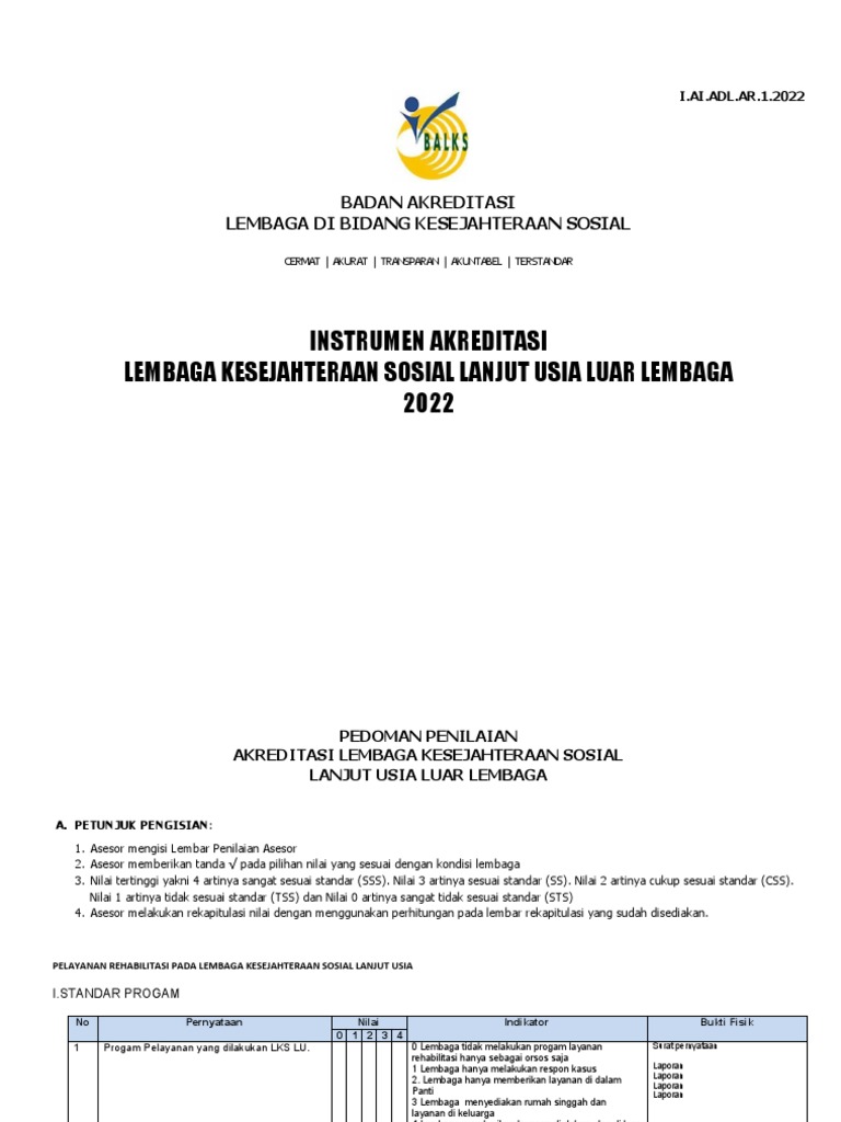 Akreditasi Lembaga Kesejahteraan Sosial Lansia 2022 | PDF