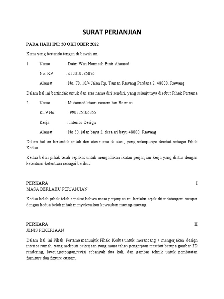 Contoh Surat Perjanjian Proyek Desain in | PDF