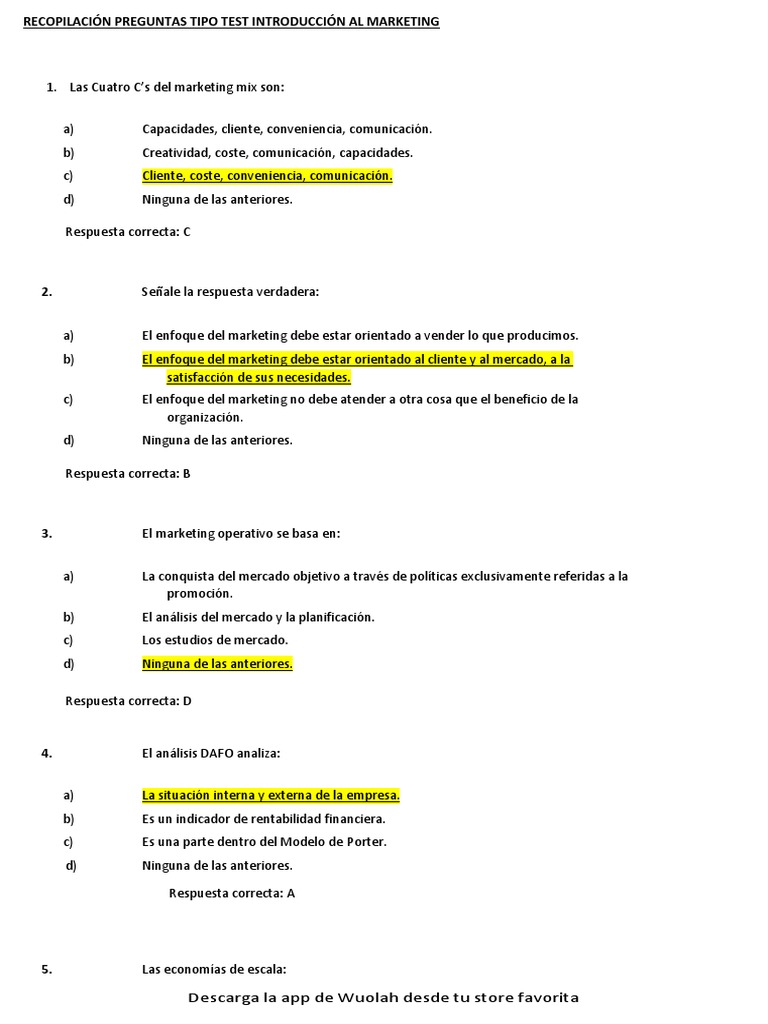 Preguntas Marketing 1 Respuestas | Descargar gratis PDF | Marketing | Mercado (economía)
