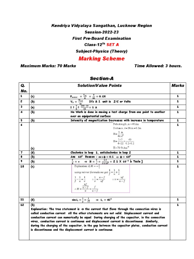 Physics - XII PB I Marking Scheme-Set A - 22-23 | PDF | Coherence ...