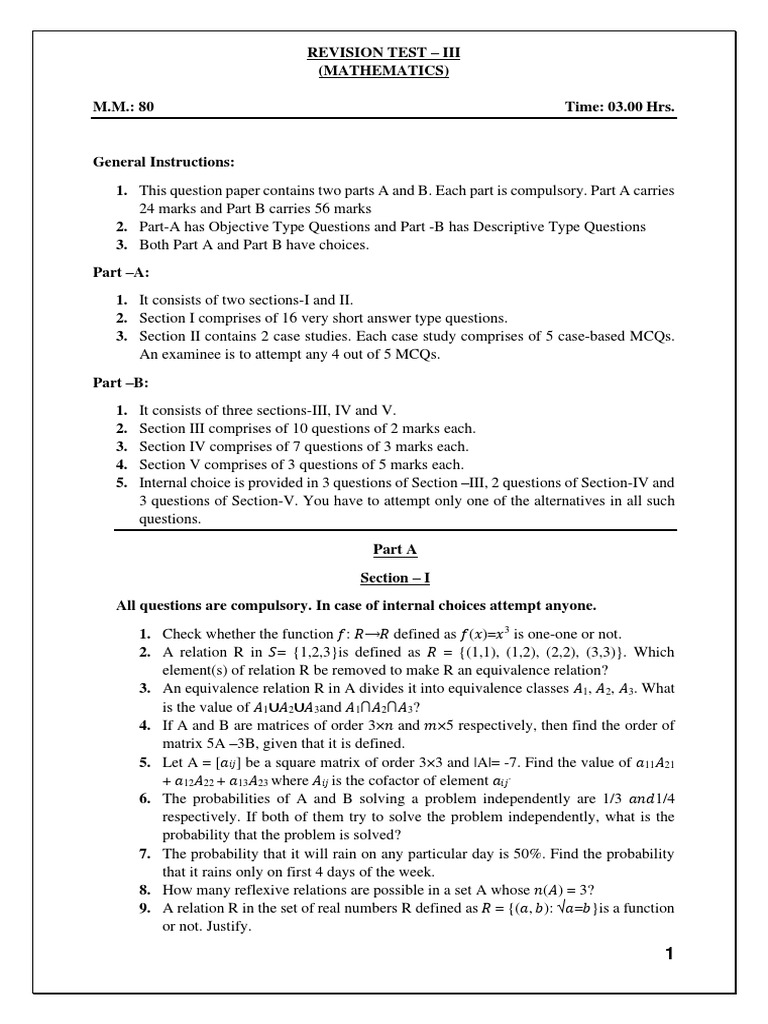 Revision Test III Maths | PDF | Function (Mathematics) | Multiple Choice