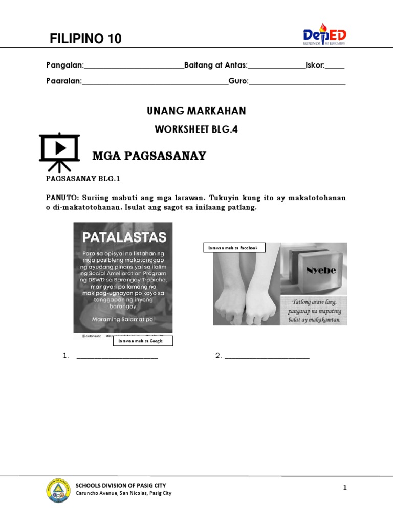 Filipino 10: Mga Pagsasanay | PDF