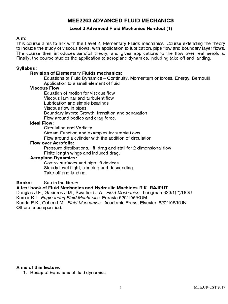 Advanced Fluid Mechanics Handout 1 | PDF