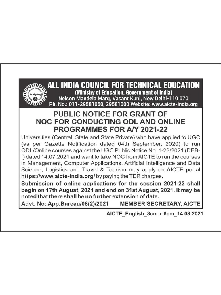 Public Notice For Grant of NOC For Conducting ODL & Online Programmes | PDF