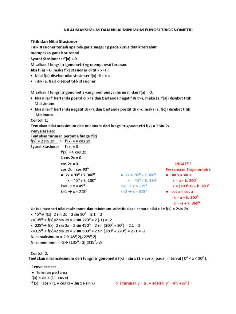 Materi Nilai Maksimum Dan Nilai Minimum Fungsi Trigonometri | PDF