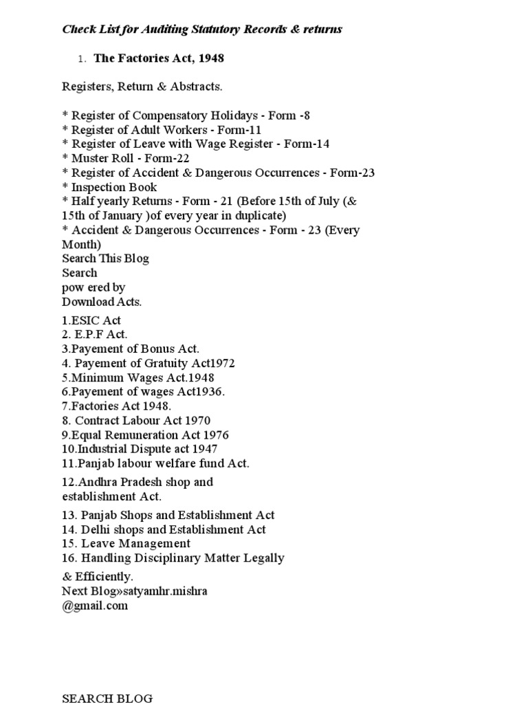 Check List For Auditing Statutory Records | PDF | Gratuity | Wage