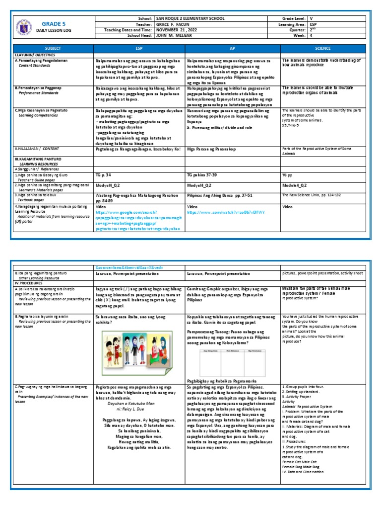 ESP-AP-SCIENCE5 - DLL - Q2 - W4 - Day 1 | PDF