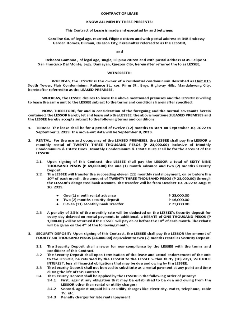 Residential Lease Agreement Mandaluyong | PDF | Lease | Private Law