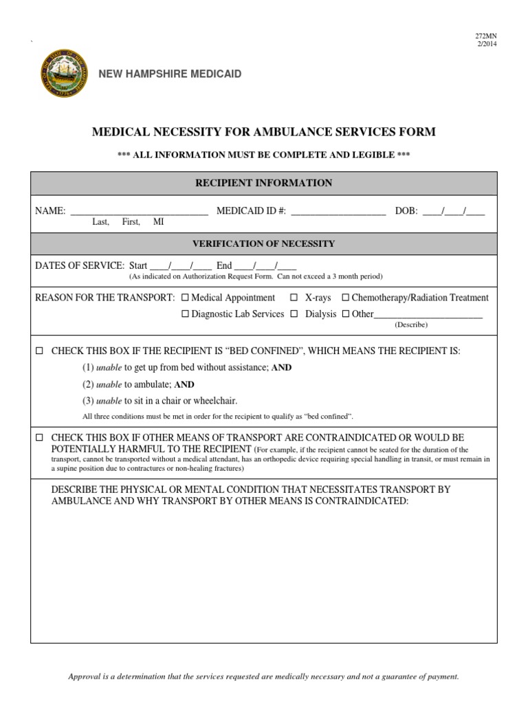 Form 272 MN - Medical Necessity For Amb | PDF | Nursing | Physician