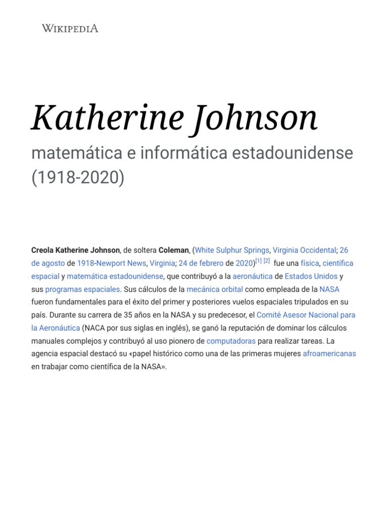 Katherine Johnson - Wikipedia, La Enciclopedia Libre | PDF | Katherine Johnson | Vuelo espacial