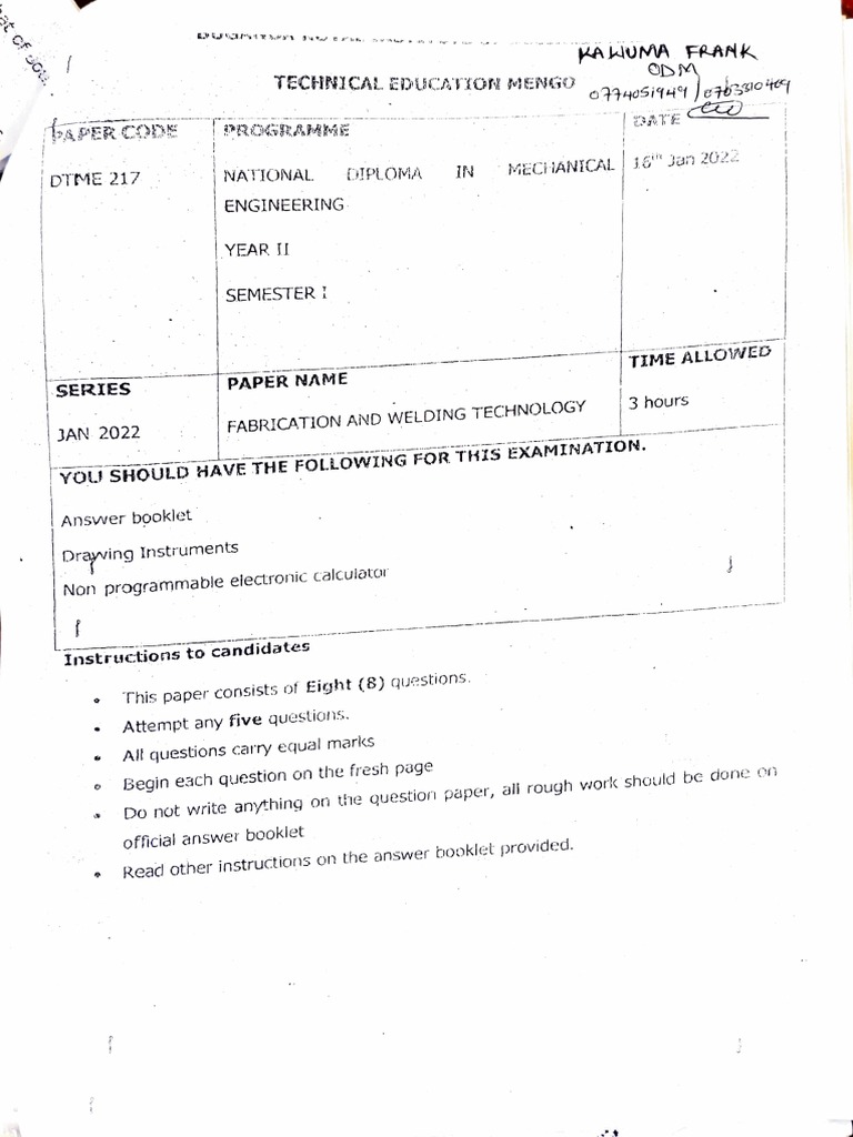 UBTEB PAPERS. Sep 02, 2022 | PDF | Welding | Construction