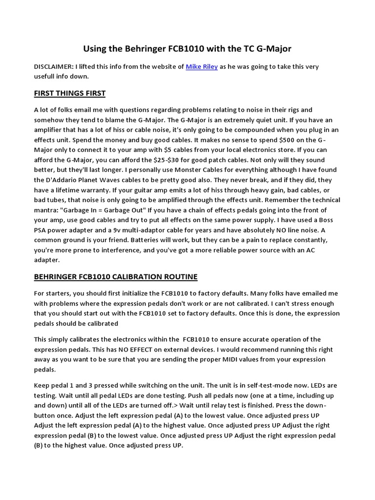 FCB1010 Setup for TC G-Major Use | PDF | Amplifier | Switch