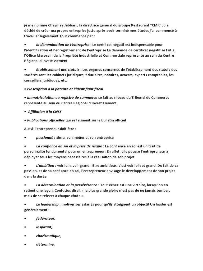 Création d'entreprise CMR : Guide complet | PDF | Business | Direction