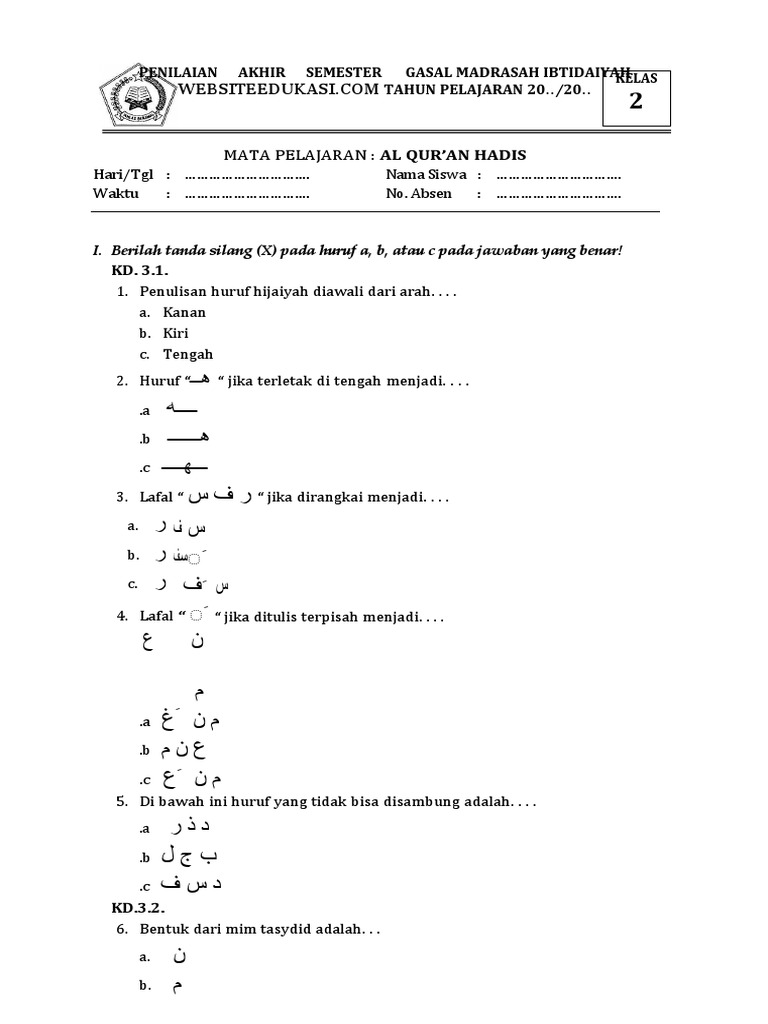 Soal PAS Al Quran Hadis Kelas II MI | PDF