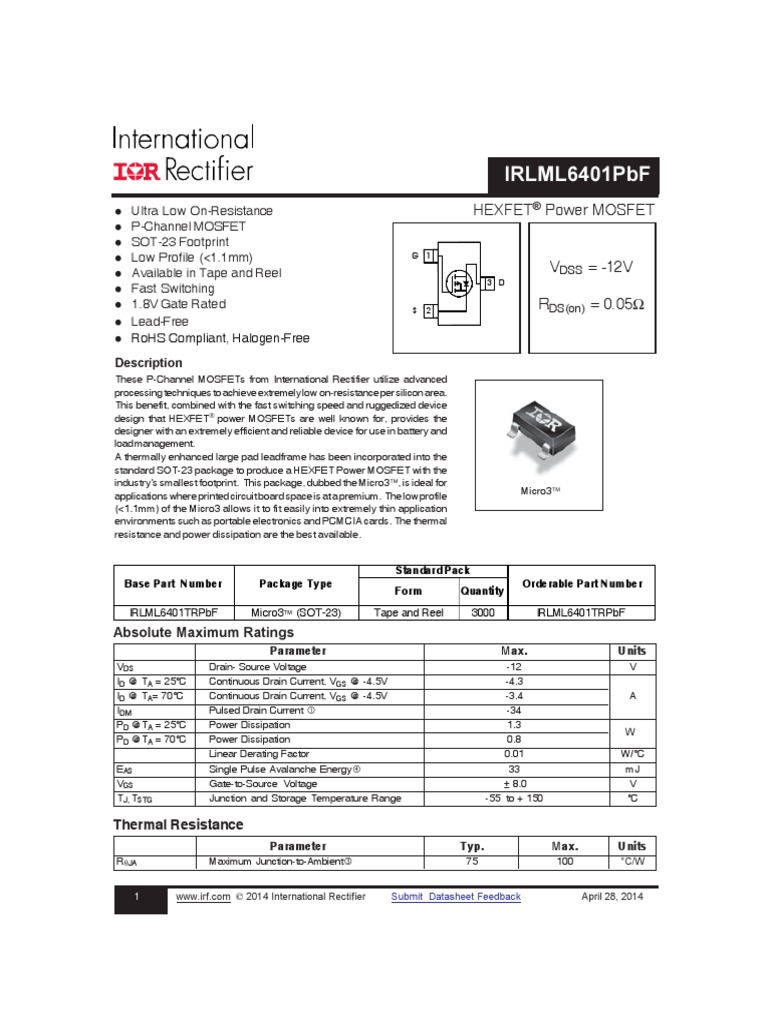 Infineon IRLML6401 DataSheet v01 01 en | PDF | Field Effect Transistor | Mosfet