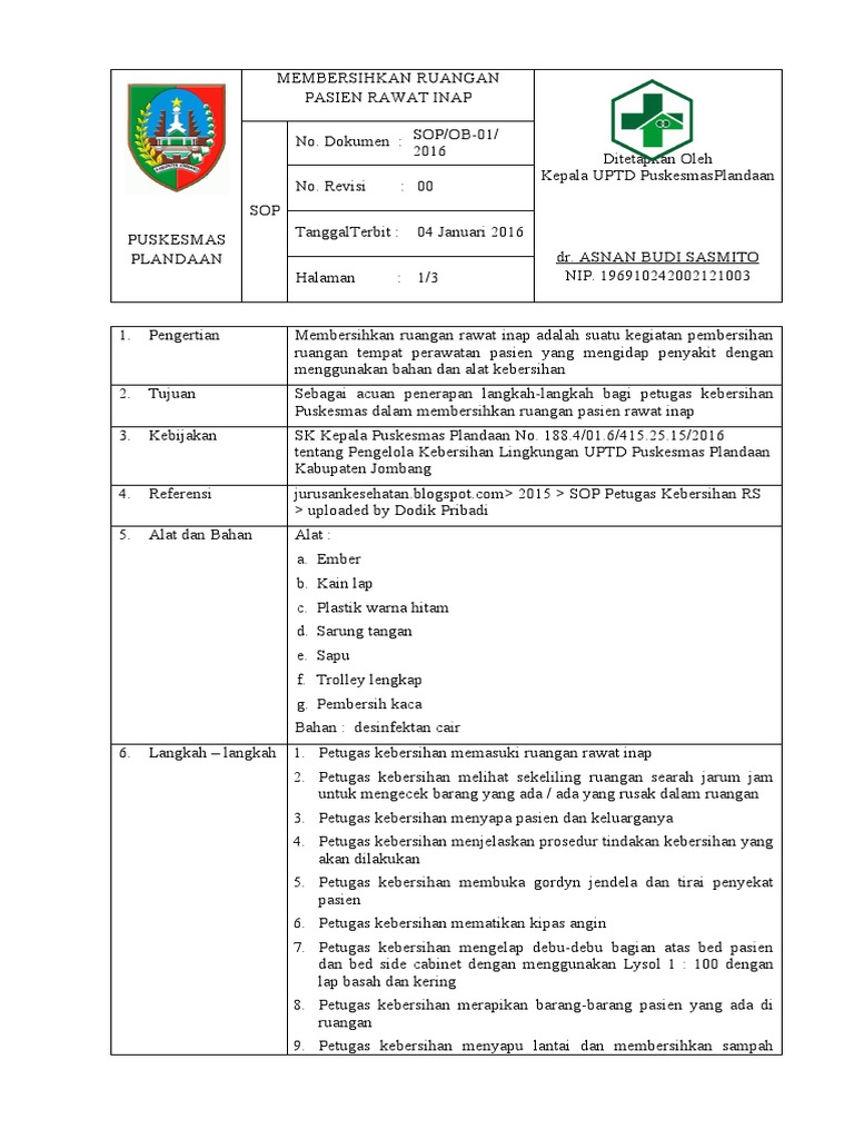 Sop-Ob-01 Membersihkan Ruangan Pasien Rawat Inap | PDF