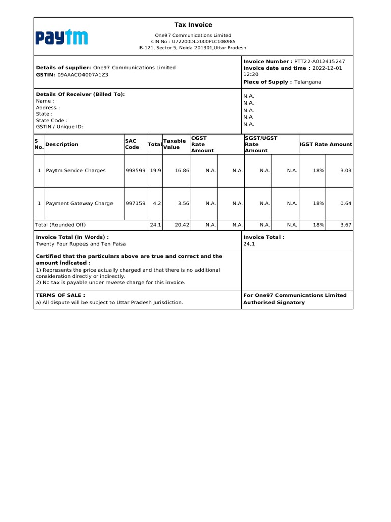 Supplier Invoice for Paytm Services | PDF | Invoice | Taxes