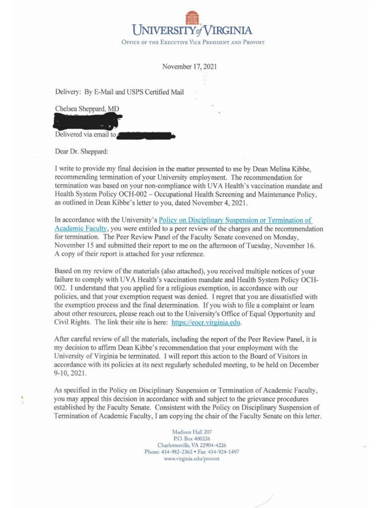 UVA Termination Letter, P. 1 | PDF