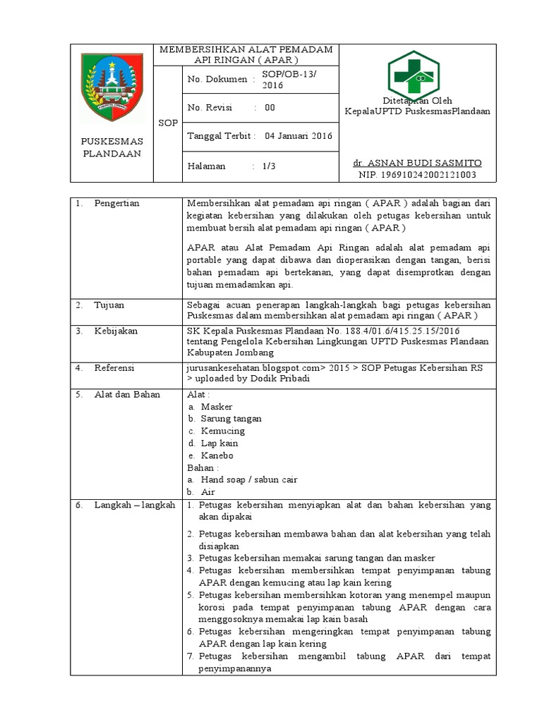 Sop-Ob-13 Membersihkan Alat Pemadam Api Ringan (Apar) | PDF