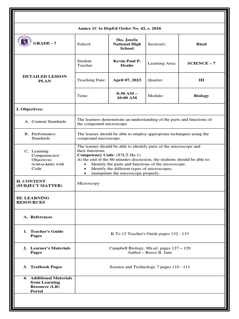 Detailed Lesson Plan | PDF | Electromagnetic Radiation | Microscopy