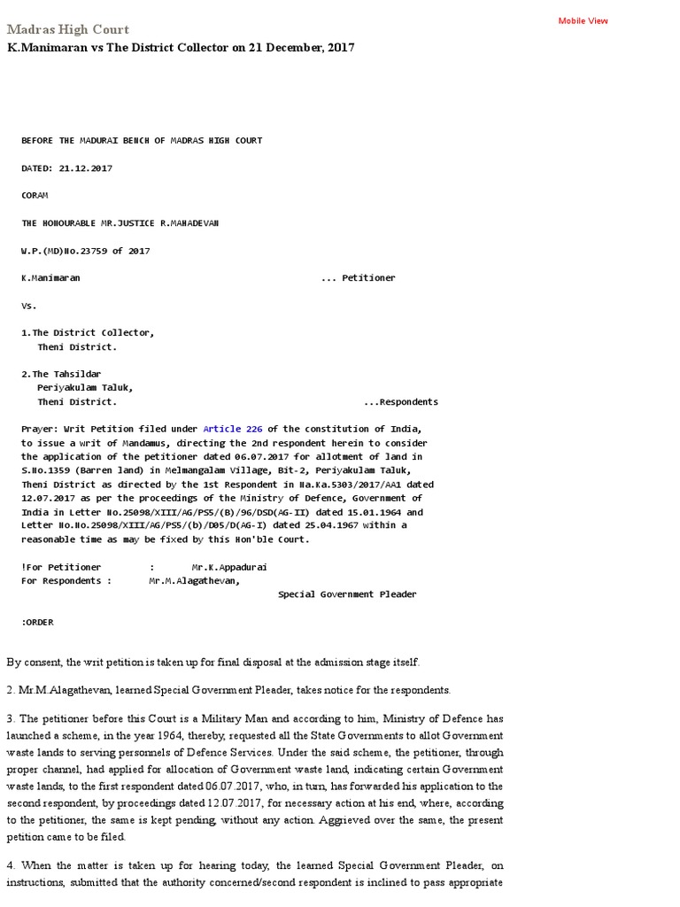 Letter to Collector for Land Allotment | PDF | Writ | Constitutional Law
