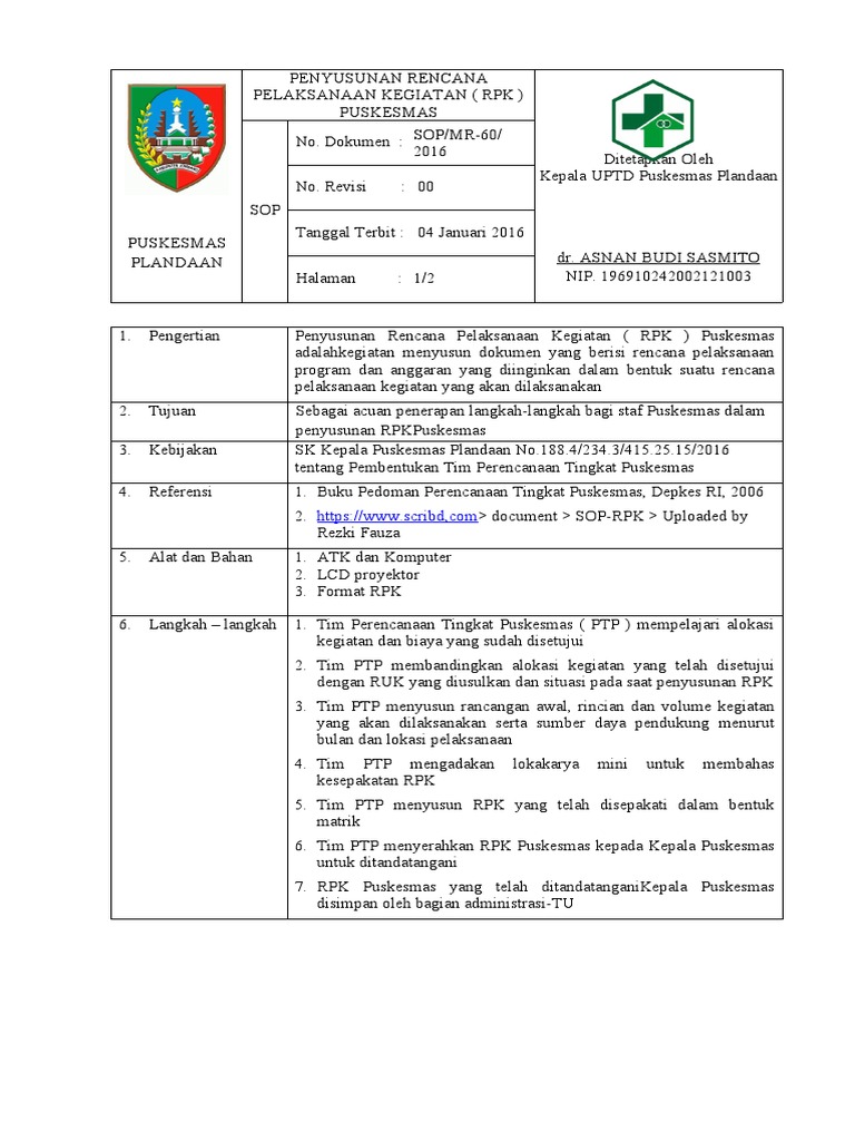 MR-60 Sop Penyusunan RPK Puskesmas | PDF