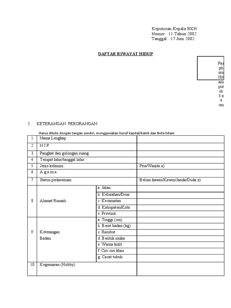 Format-Drh (Daftar Riwayat Hidup) | PDF